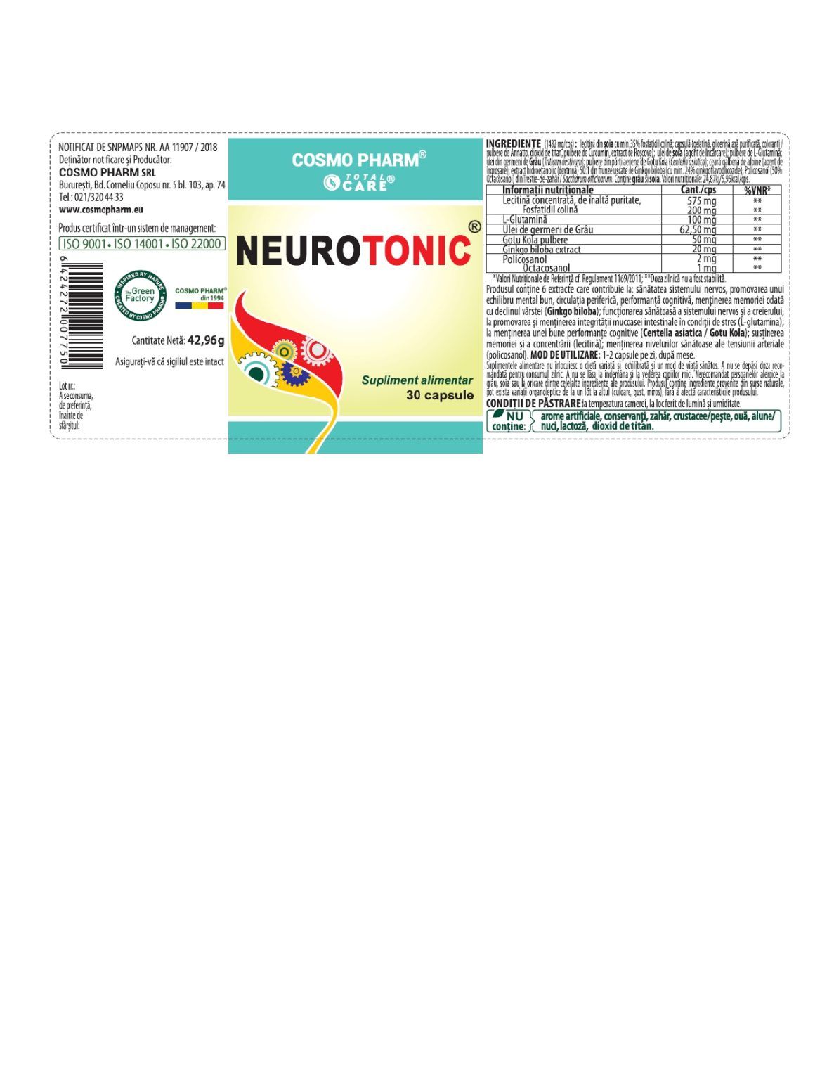 NEUROTONIC Cosmopharm® Pentru Circulatie Cerebrala / Periferica