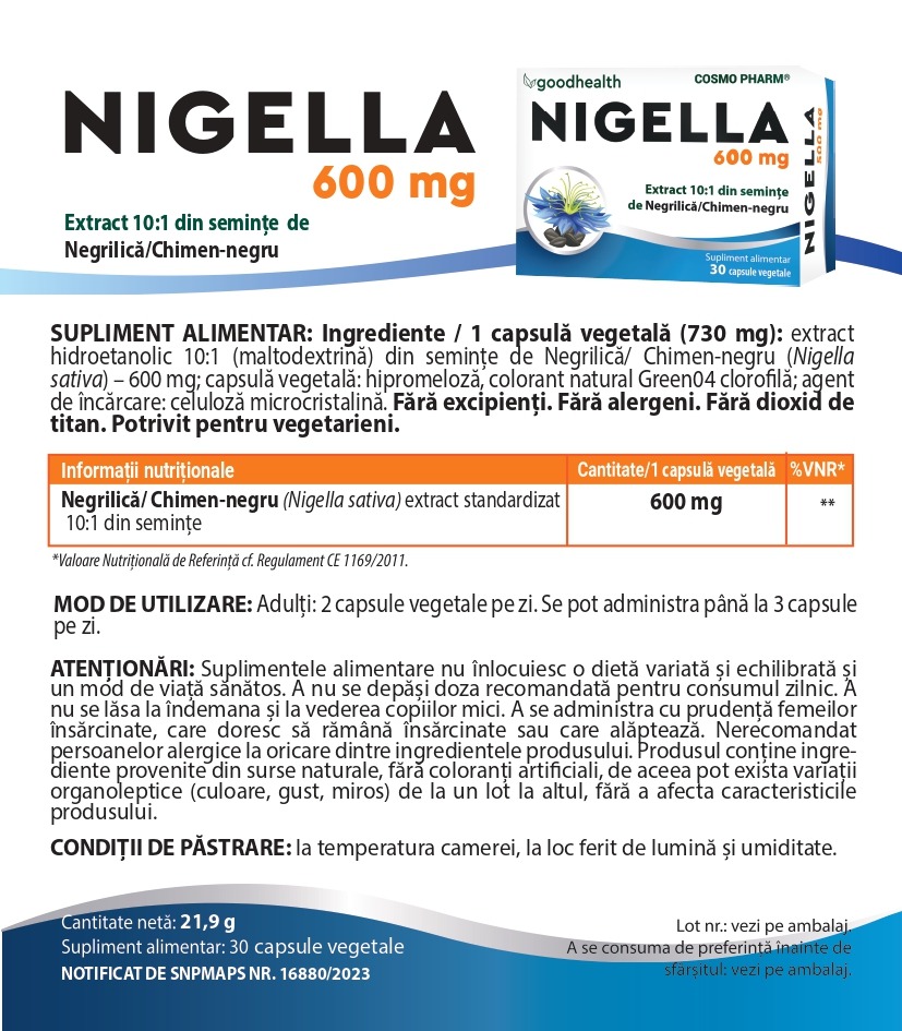 NIGELLA 500 mg- extract din seminte de Negrilică / Chimen-negru