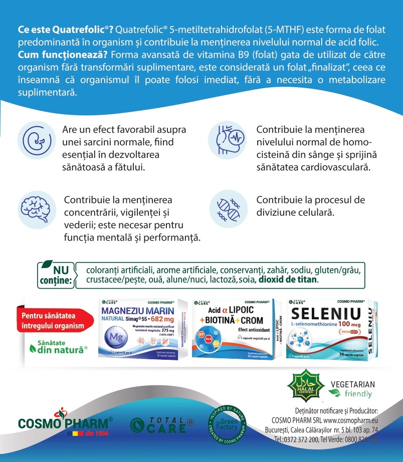 Acid Folic Quatrefolic® 800 mcg - forma bioactivă si naturala (5-MTHF)