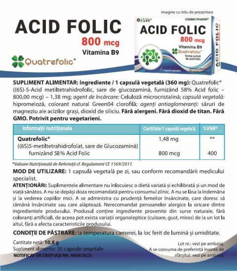 Acid Folic Quatrefolic® 800 mcg - forma bioactivă si naturala (5-MTHF)