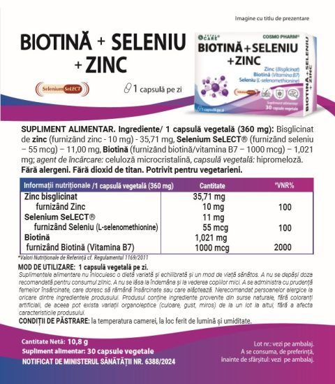 BIOTINA + SELENIU + ZINC Multi-Nutrient pentru par, piele, unghii